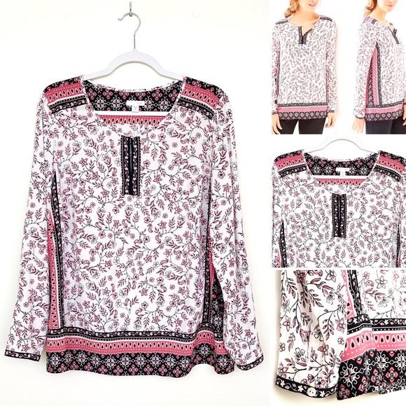 J. Jill | Tops | New J Jill Tunic Boho Popover Border Print Floral Long Sleeve Split Neck | Poshmark